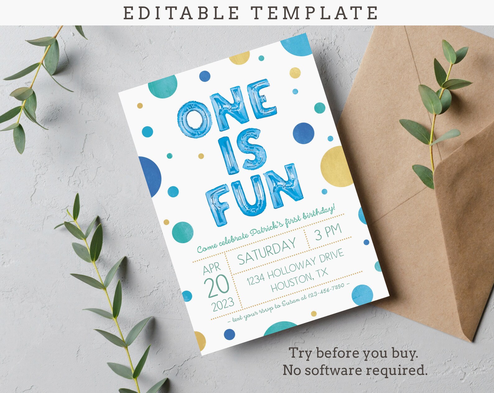 One is Fun Birthday Invitation: Editable First Birthday Party (digital ...