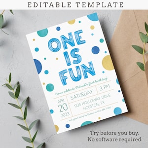 One is Fun Birthday Invitation: Editable First Birthday Party (digital ...