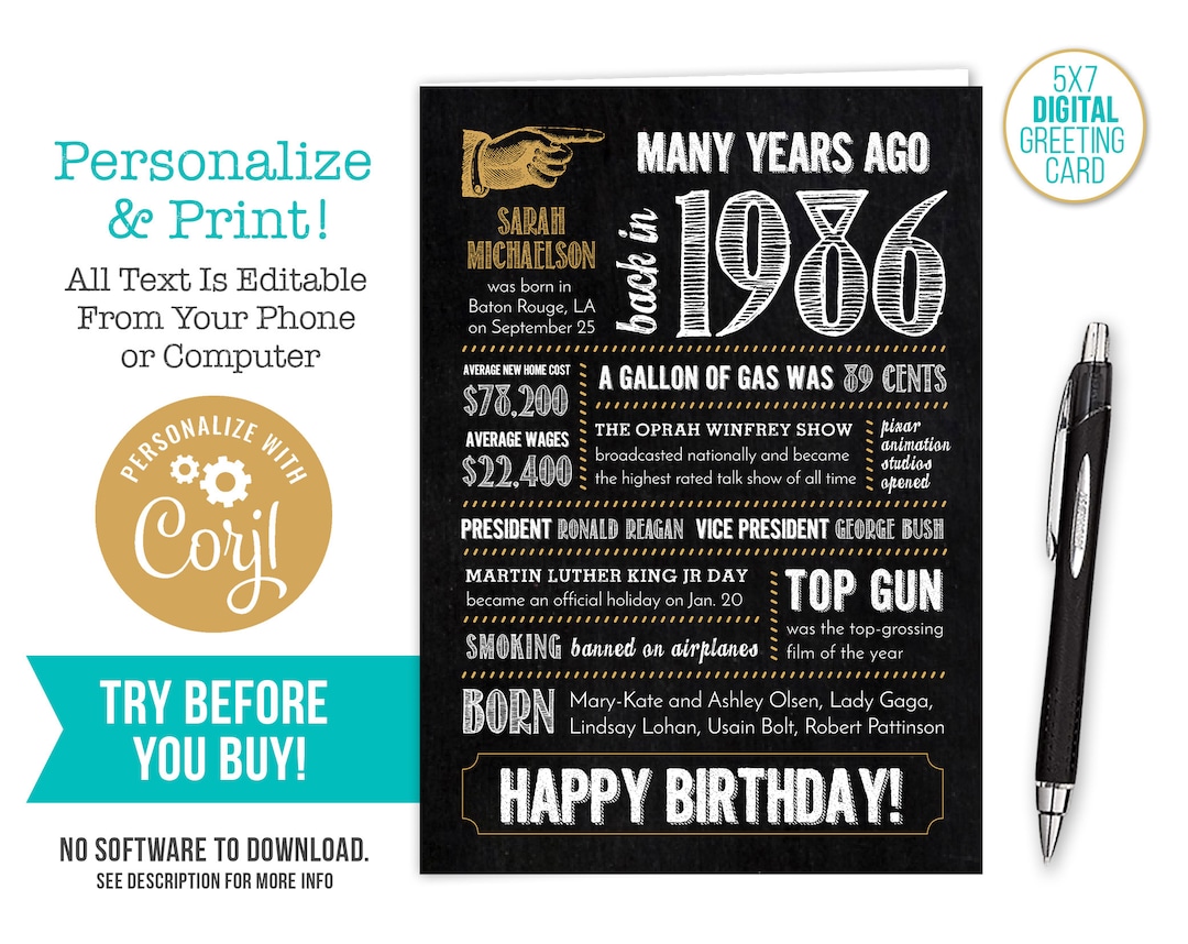 38th Birthday Card, Anniversary / Born in 1986 Fun Facts / Editable ...