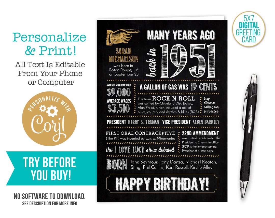 74th Birthday Card, Anniversary / Born in 1951 Fun Facts / Editable ...