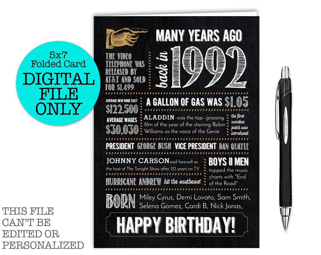 33rd Birthday Card, Anniversary / Born in 1992 Fun Facts, Year in ...