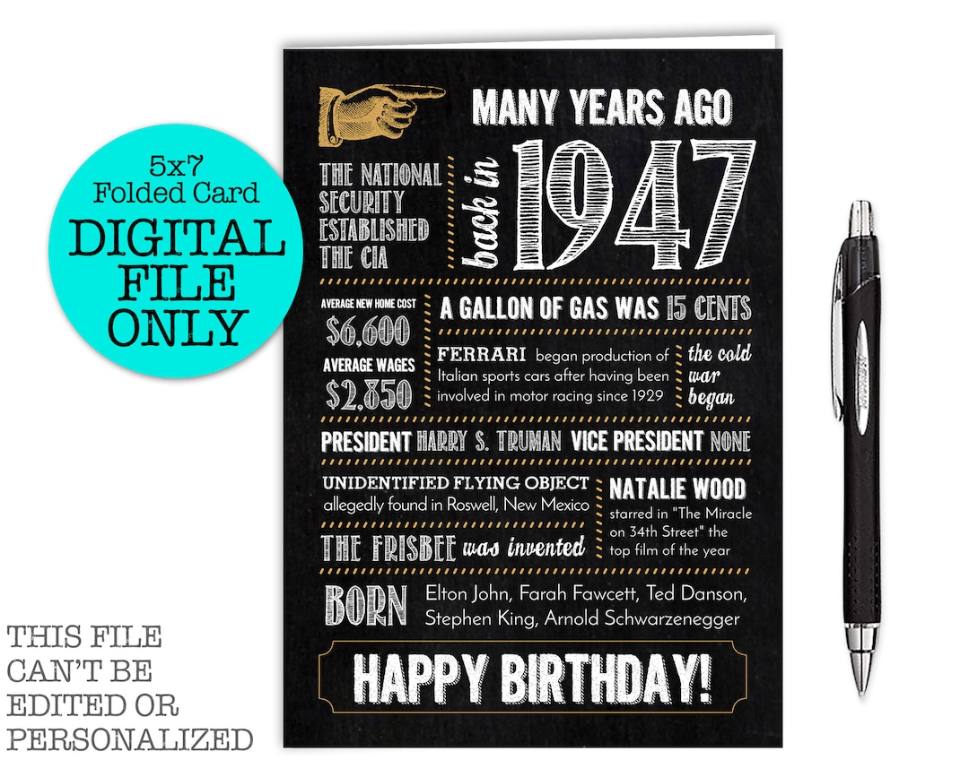 78th Birthday Card: 1947 Fun Facts Anniversary (digital File) - Etsy