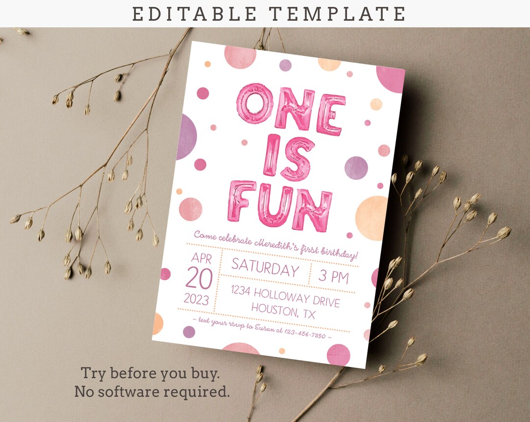 One is Fun Birthday Invitation: Editable First Birthday Template ...