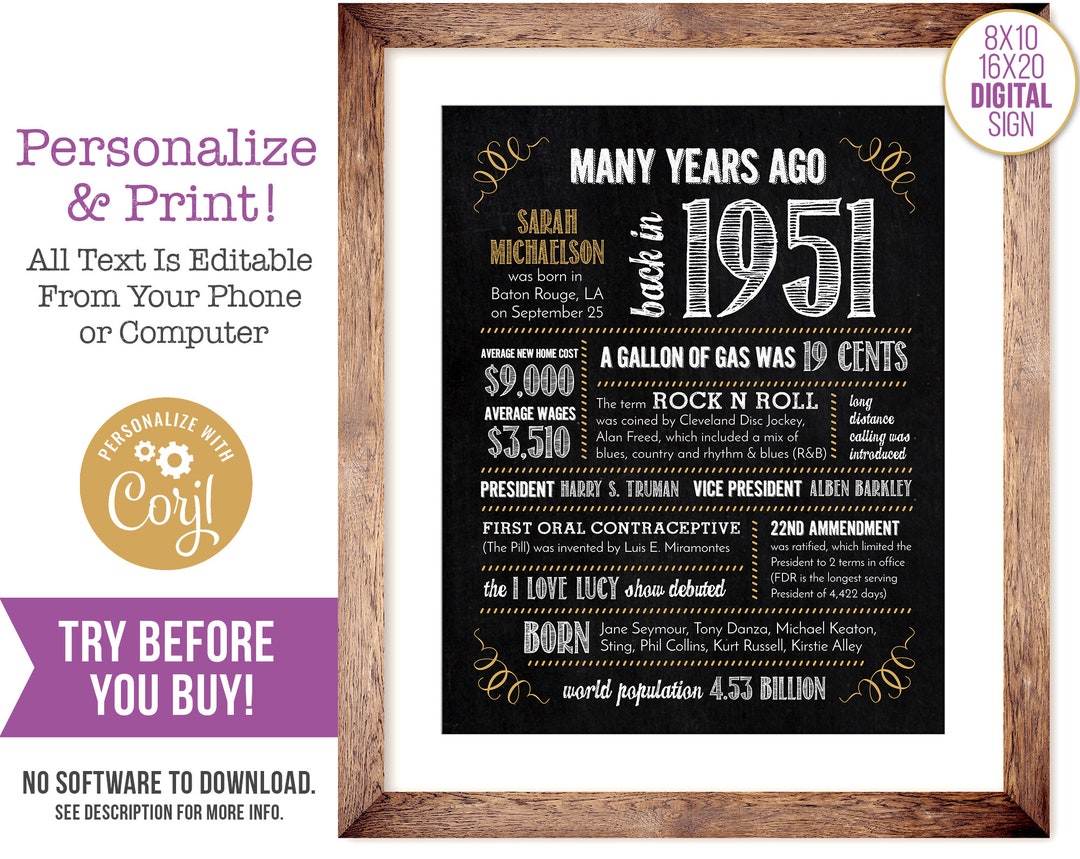74th Birthday Sign Poster, Anniversary / Born in 1951 Fun Facts ...
