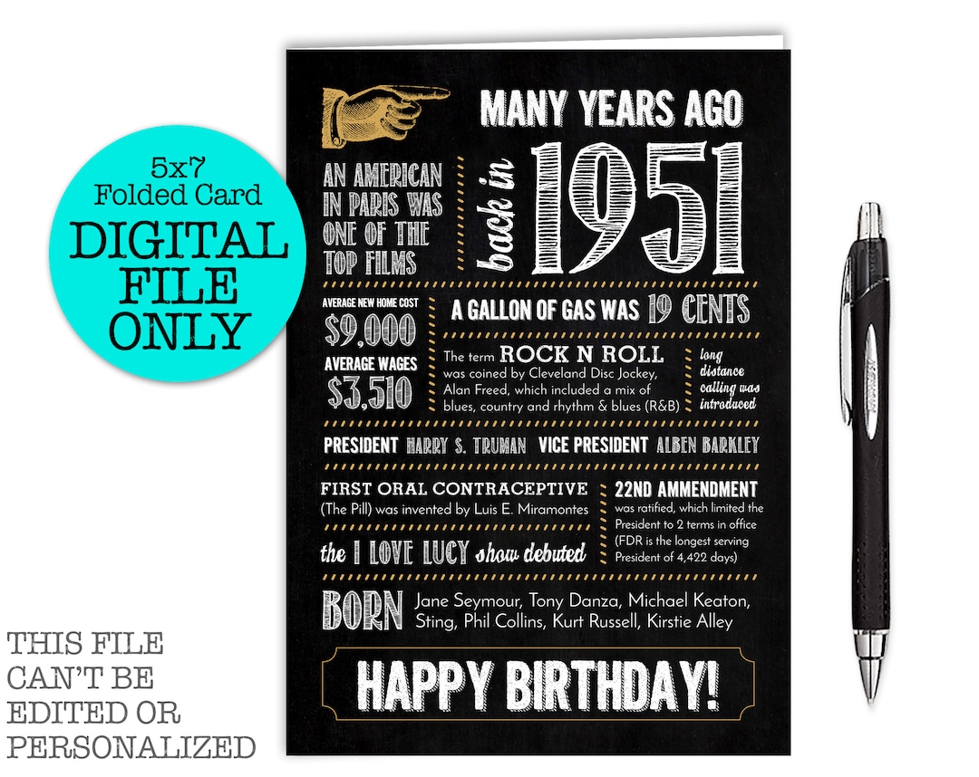 74th Birthday Card, Anniversary / Fun Facts 1951 Year in Review ...