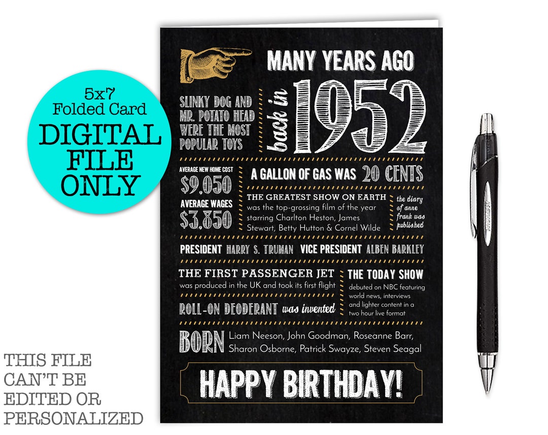 73rd Birthday Card / Fun Facts 1952 Year in Review / Digital File ...