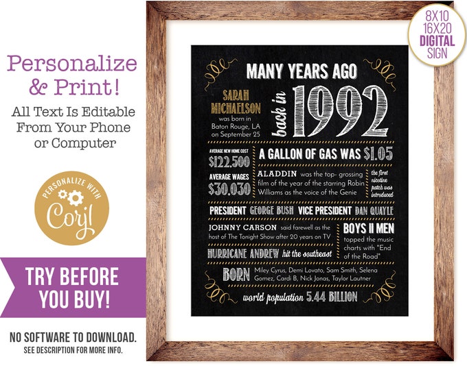 Back in the Year 1992 Birthday Sign, Flashback to 1992 Poster Board ...