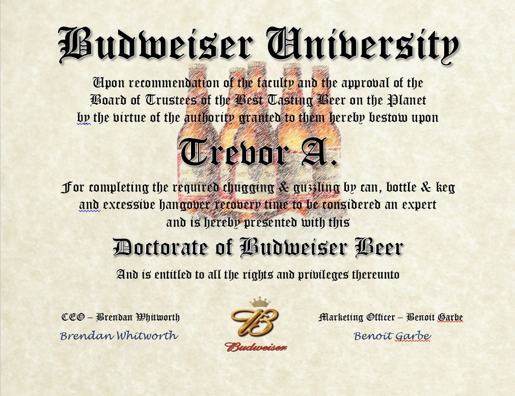 Budweiser Fan Certificate Man Cave Diploma - Etsy