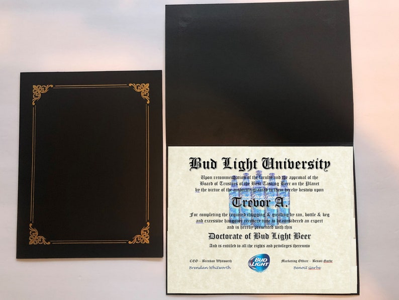 Bud Light Fan Certificate Man Cave Diploma - Etsy