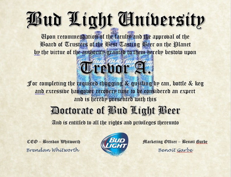 Bud Light Fan Certificate Man Cave Diploma - Etsy