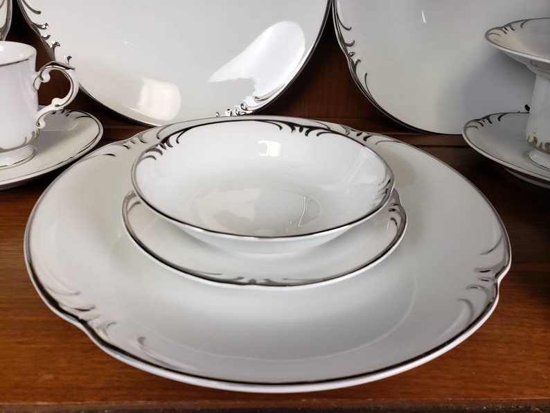 Style House Embassy Big Vintage Dish Set White Silver Trim Service for ...