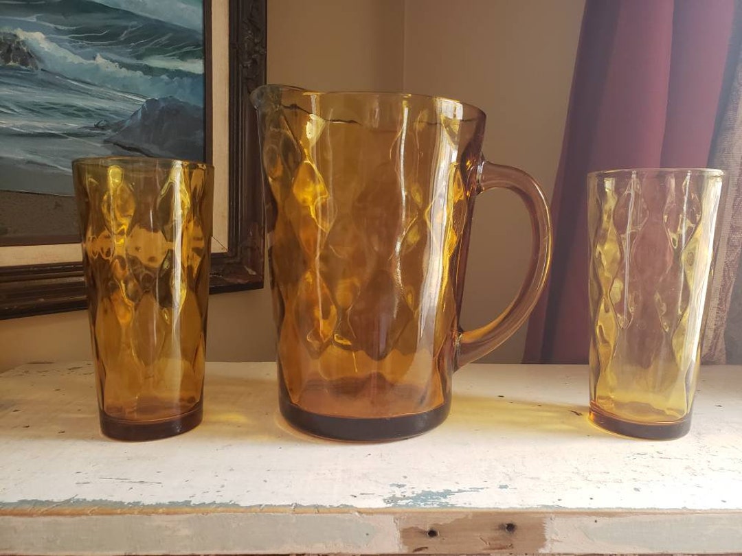 Amber Glass Pitcher and Tumbler Set Diamond Optic Pattern - Etsy