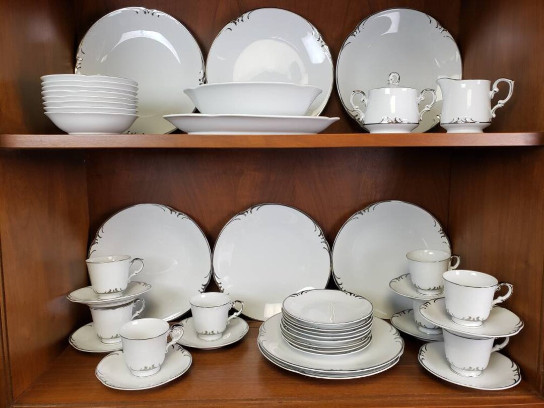 Style House Embassy Big Vintage Dish Set White Silver Trim Service for ...