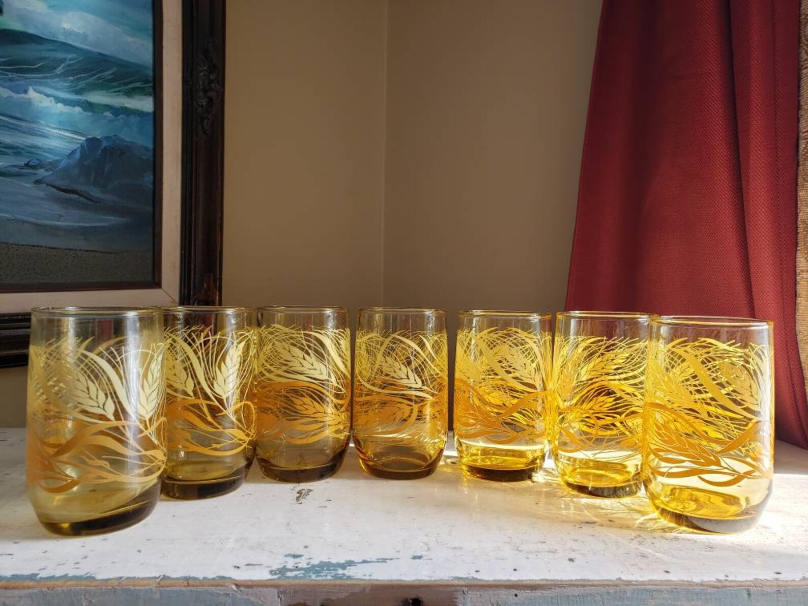 Vintage Set of 7 Anchor Hocking Amber Wheat Pattern Juice - Etsy
