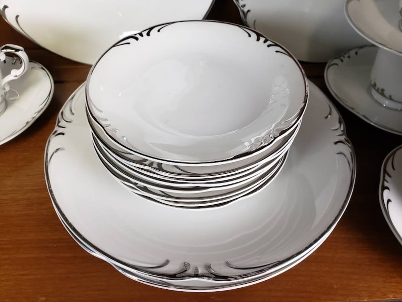 Style House Embassy Big Vintage Dish Set White Silver Trim Service for ...