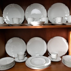 Style House Embassy Big Vintage Dish Set White Silver Trim Service for ...