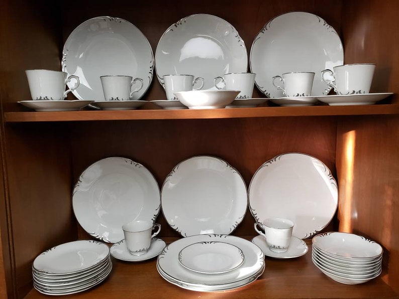 Style House Embassy Big Vintage Dish Set White Silver Trim Service for ...