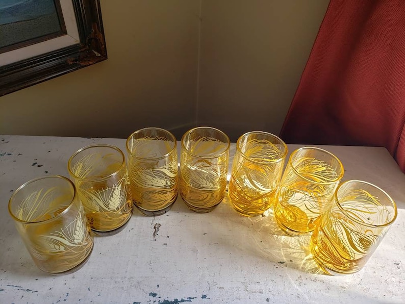 Vintage Set of 7 Anchor Hocking Amber Wheat Pattern Juice - Etsy