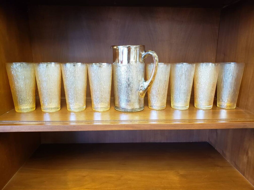 Jeanette Glass Pitcher and Tumbler Set Tree Bark Pattern Pitcher With 8 ...