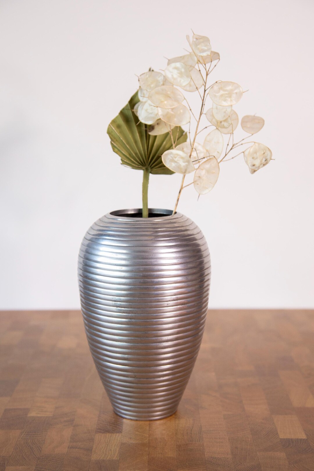 Vintage Metal Ribbed Textured Round Cylindertall Trumpet Shaped Vase ...