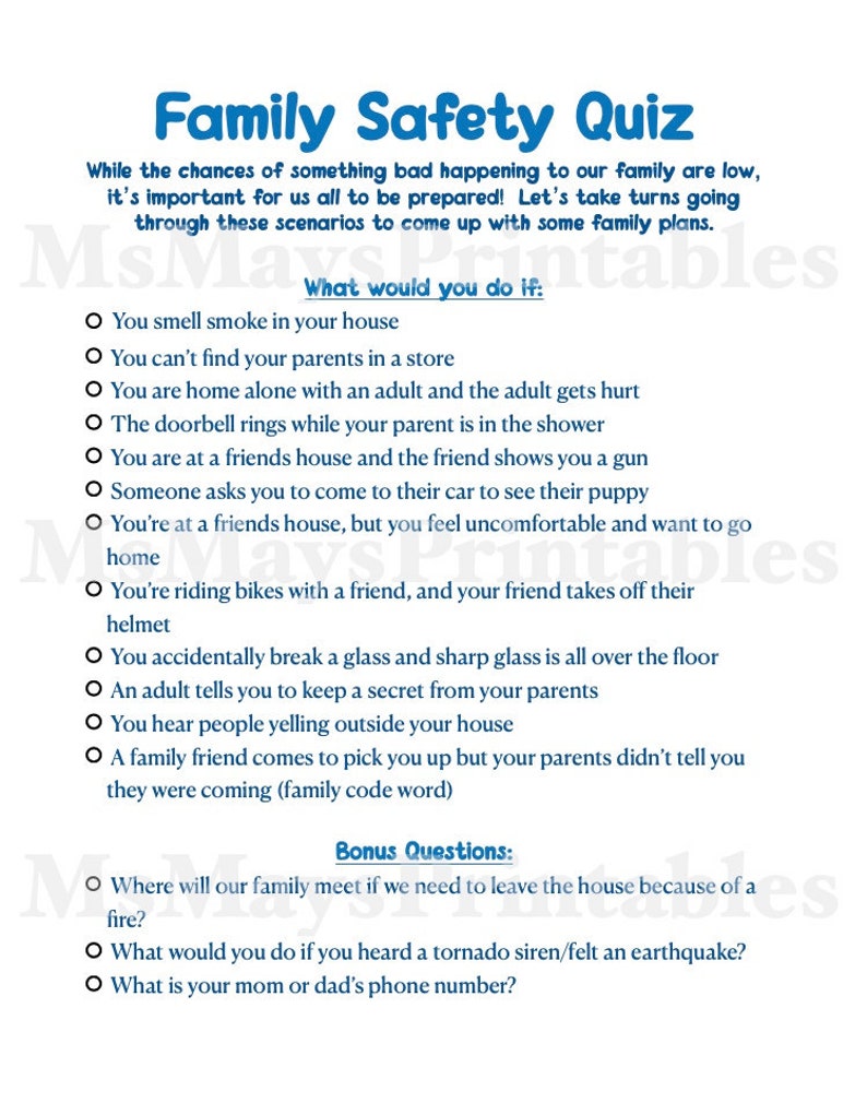Family Safety Quiz, Family Activities, Kids Safety, Kids Conversation ...