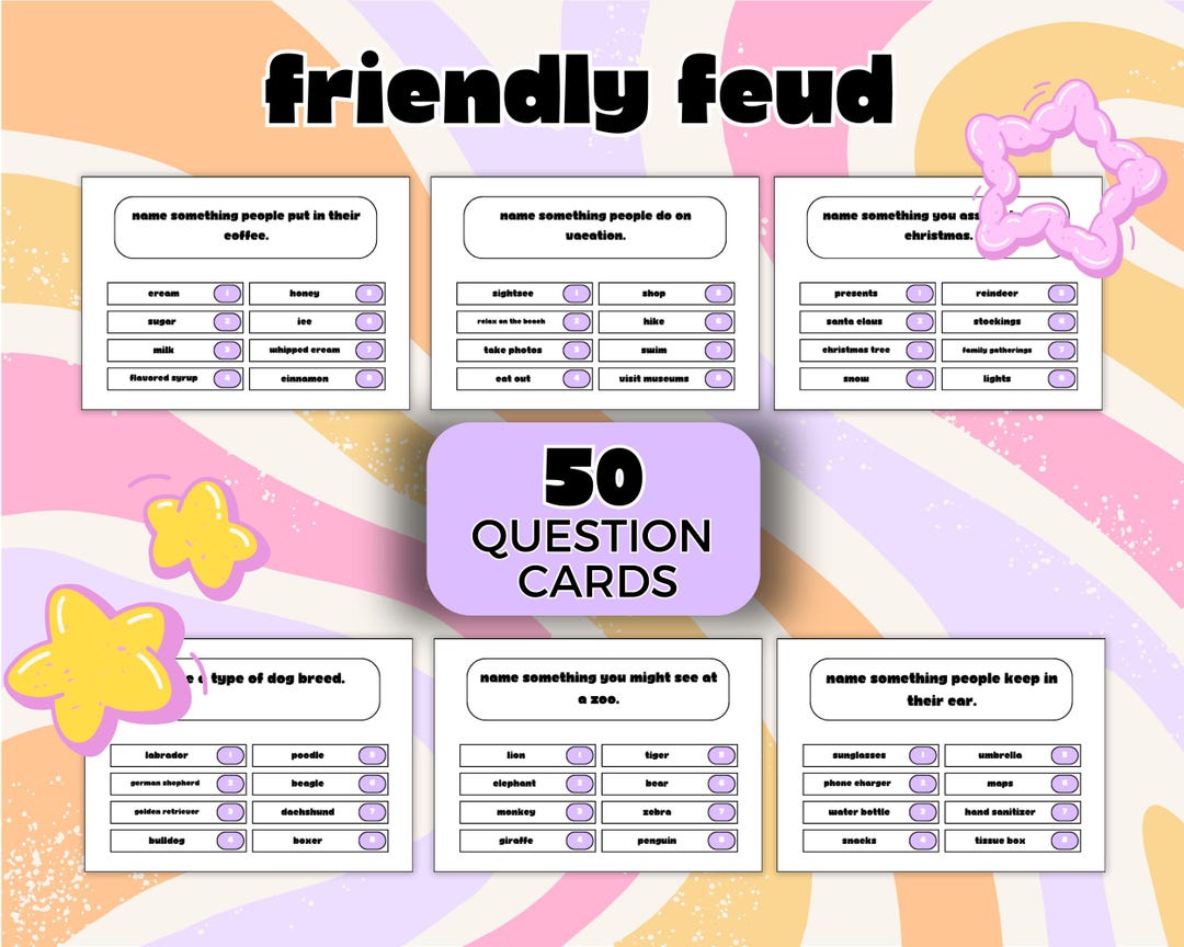 Friendly Feud Game: 50 Printable Question Cards (PDF Download) - Etsy
