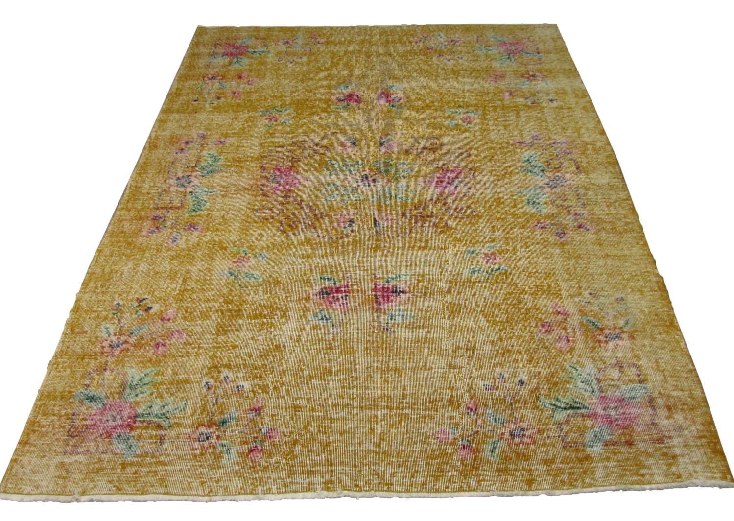 Yellow Field Allover Floral Design Turkish Vintage Rug , Artdeco ...