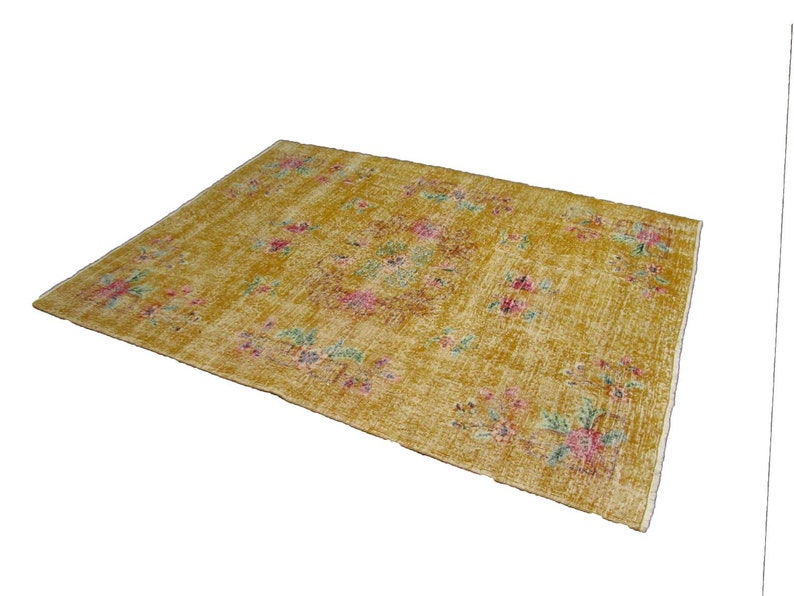 Yellow Field Allover Floral Design Turkish Vintage Rug , Artdeco ...