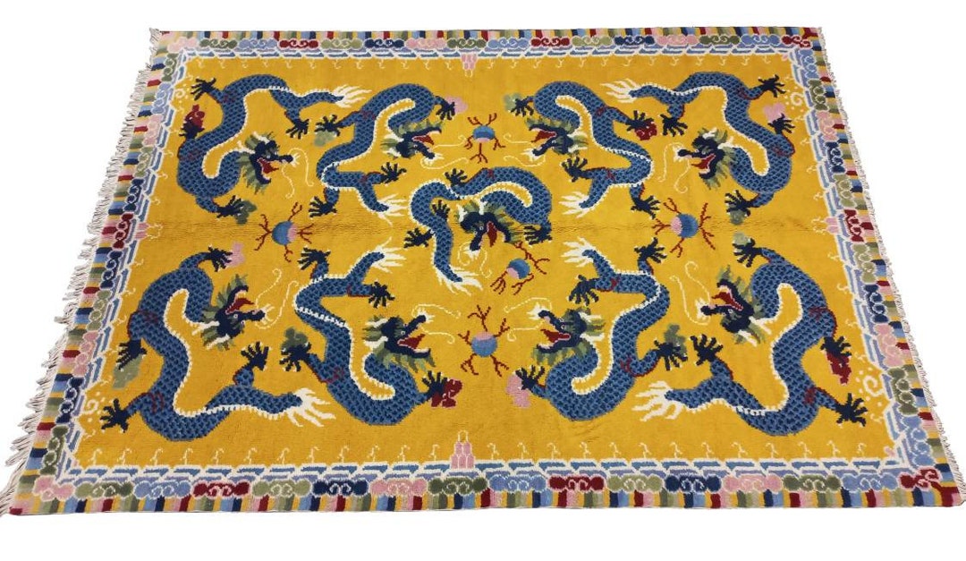Vintage Handmade Yellow Chinese Carpet With Dragon 217x157cm 85x62 ...