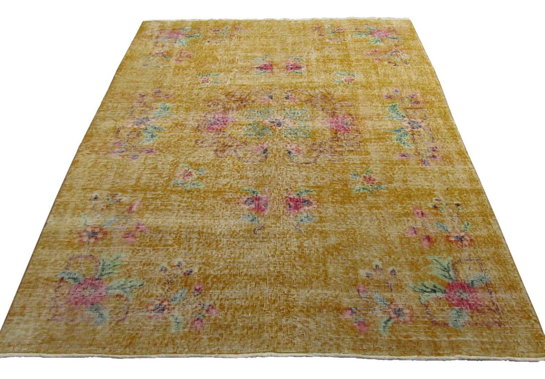 Yellow Field Allover Floral Design Turkish Vintage Rug , Artdeco ...