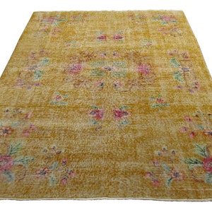 Yellow Field Allover Floral Design Turkish Vintage Rug , Artdeco ...