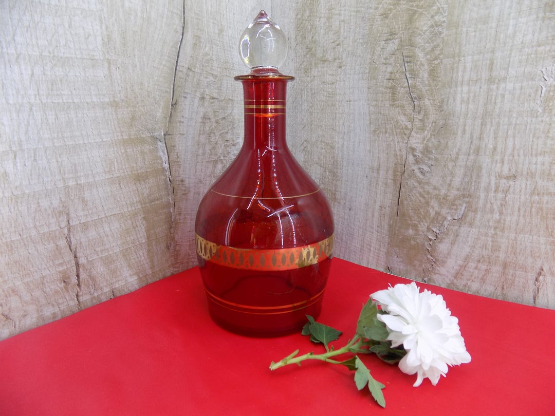 Vintage Red Bohemian Carafe Tumbler Glass Decanter With Lid Glass ...