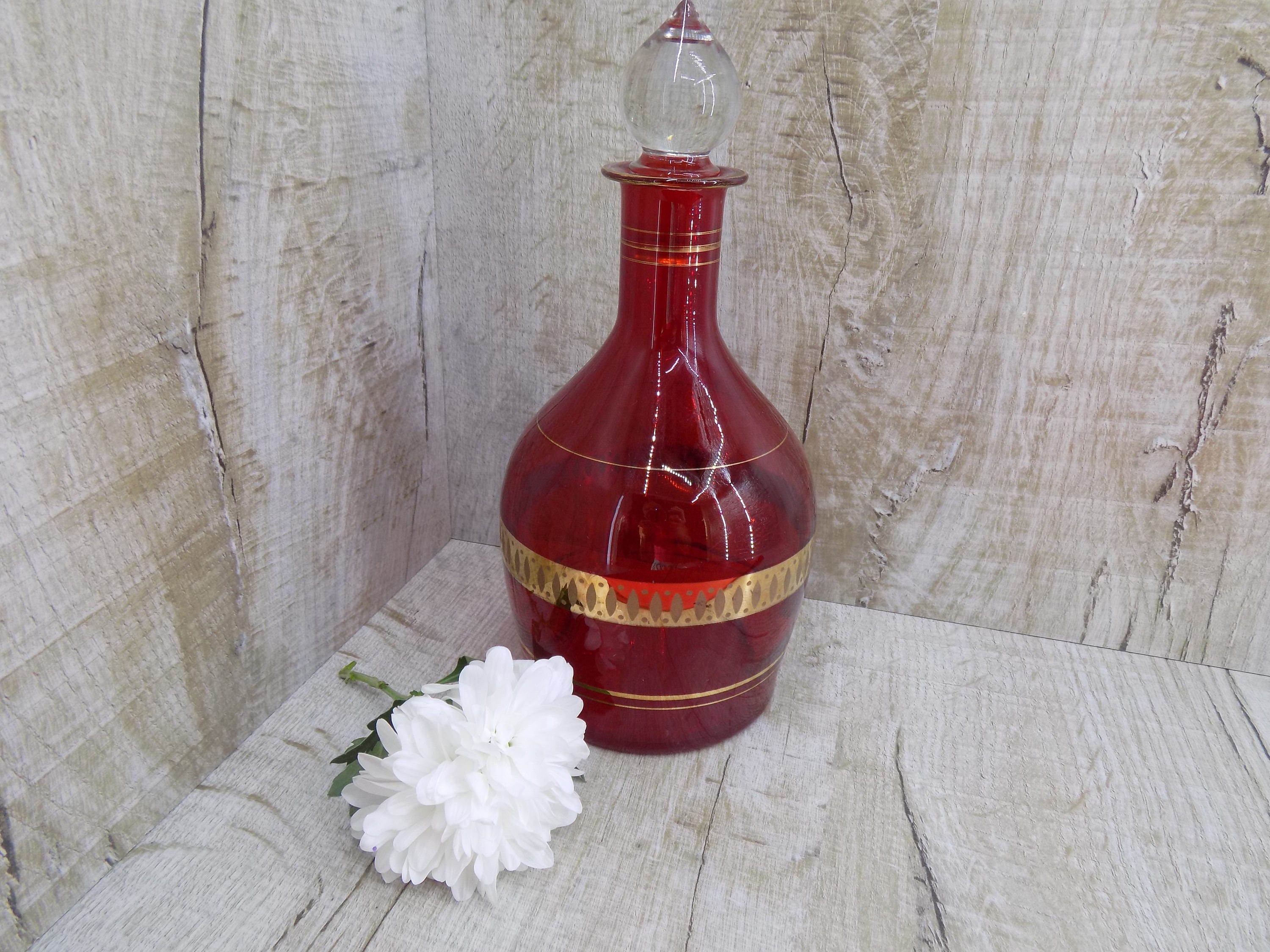 Vintage Red Bohemian Carafe Tumbler Glass Decanter With Lid | Etsy