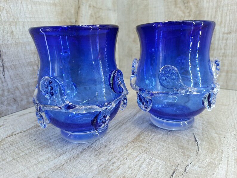 Blue Floral Cups Decorative Glass Cobalt Unique Design Antique | Etsy