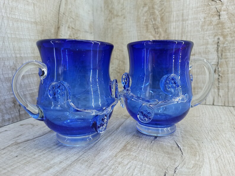 Blue Floral Cups Decorative Glass Cobalt Unique Design Antique | Etsy