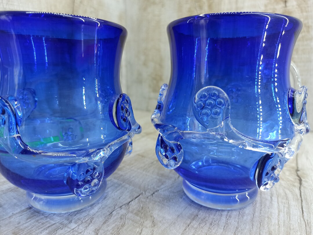 Blue Floral Cups Decorative Glass Cobalt Unique Design Antique Murano ...