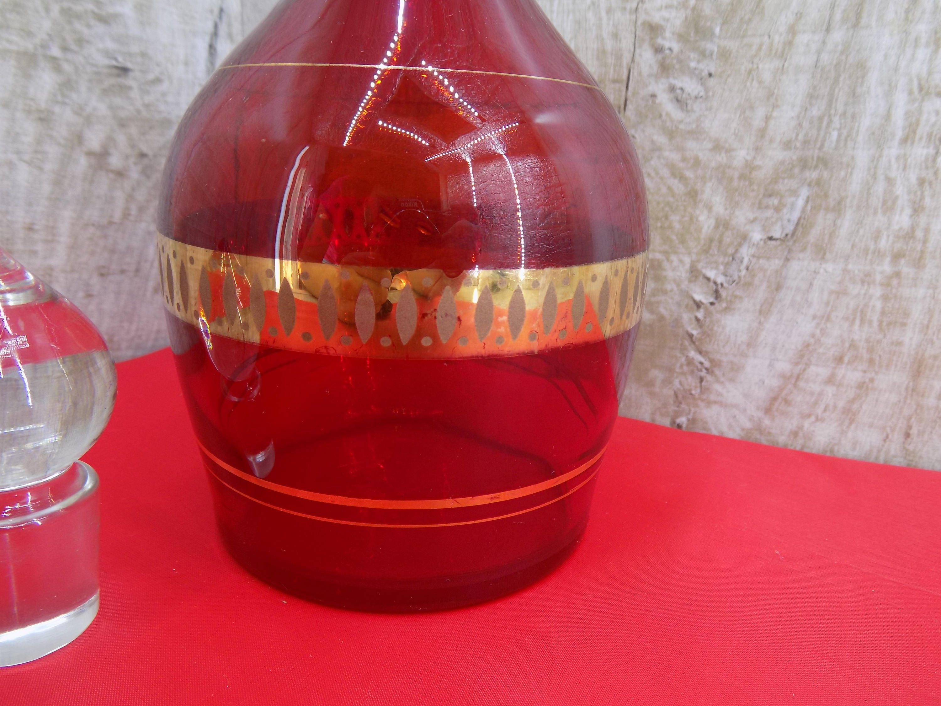 Vintage Red Bohemian Carafe Tumbler Glass Decanter With Lid - Etsy