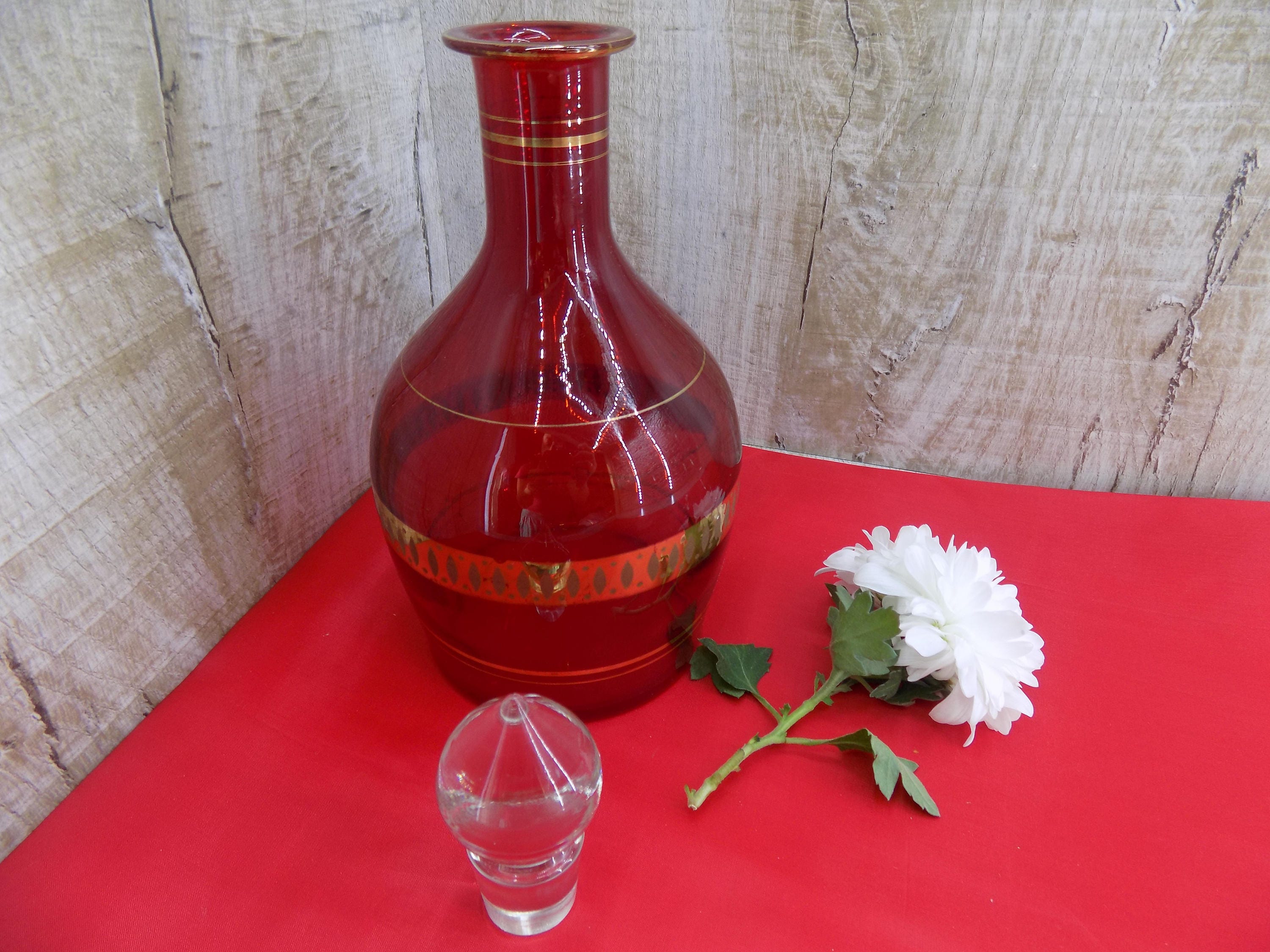 Vintage Red Bohemian Carafe Tumbler Glass Decanter With Lid - Etsy