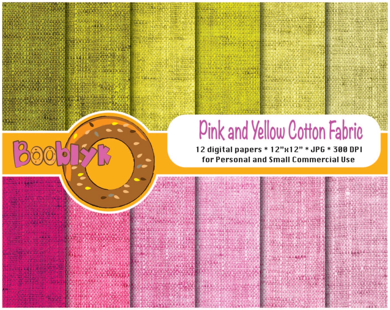 Pink and Yellow Cotton Fabric Paper Pack - Set of 12 Digital Papers ...