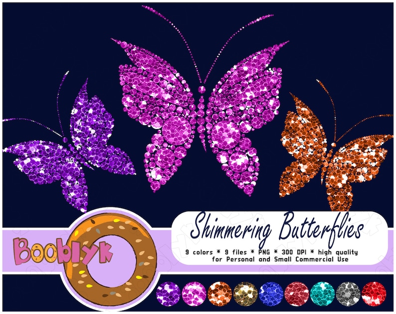 Colorful Glitter Butterflies Clip Art for Scrapbooking - 9 Colors ...