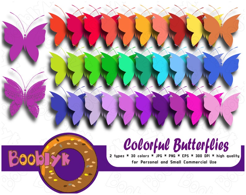 Colorful Butterflies Clip Art for Scrapbooking - 30 Colors - Instant ...