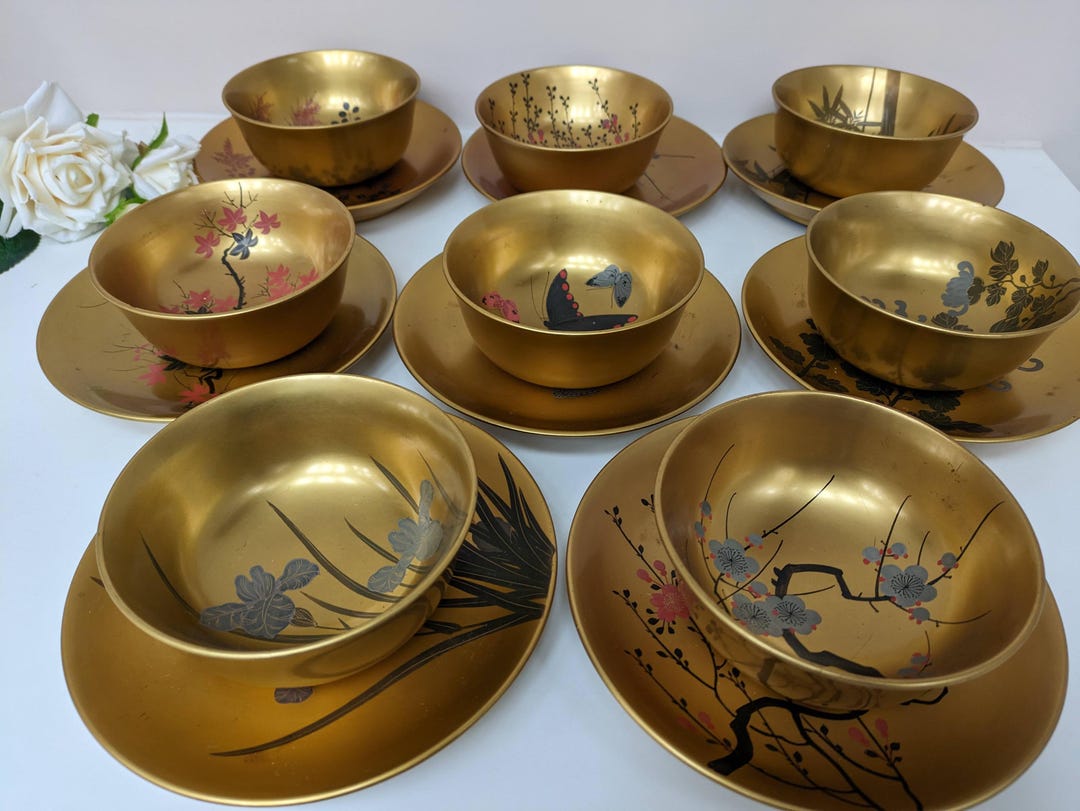 Stunning Set of 8 Lacquer Bowls With Matching Under Plates, Gold ...