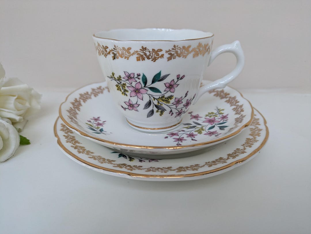 Vintage Tea Trio, Spring Flowers, Gold Leaves, Royal Grafton, English ...