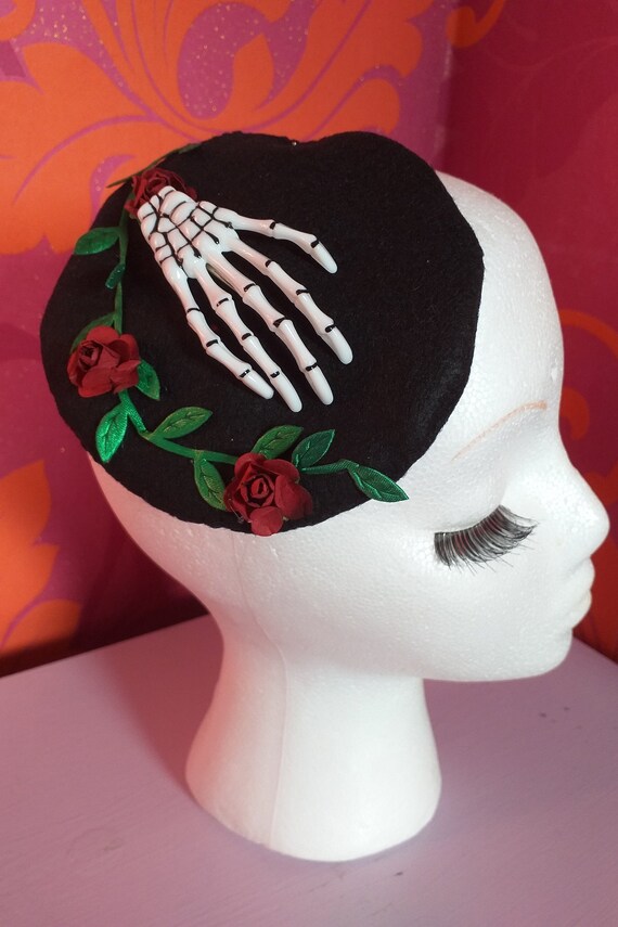 Black Mini Beret Fascinator With Skeleton Hand | Etsy