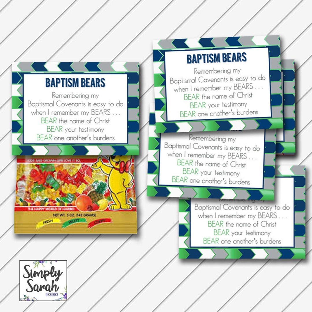LDS Baptism Bears Tag, 2.5x3.5 Card, Digital Printable, Navy, Green and ...