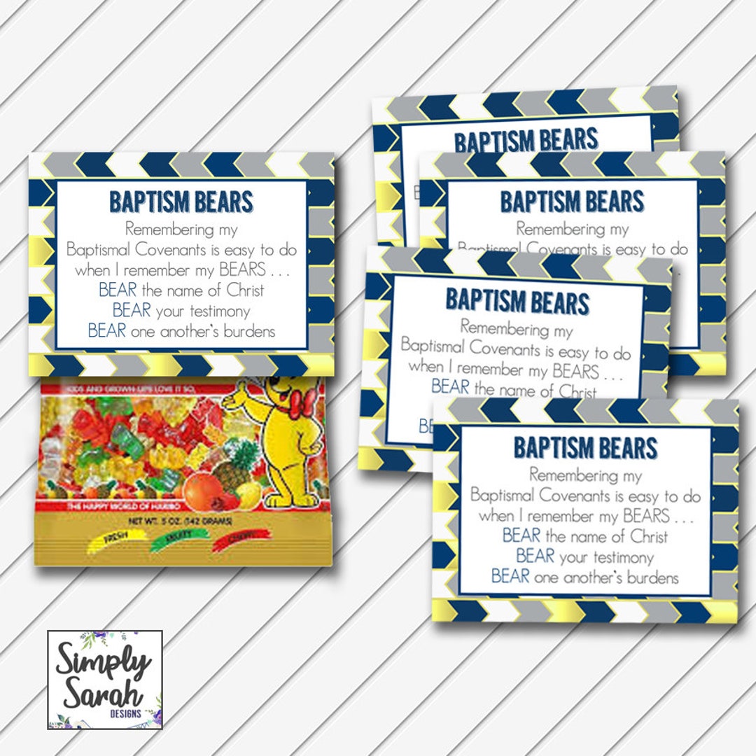 LDS Baptism Bears Tag, 2.5x3.5 Card, Digital Printable, Yellow, Navy ...