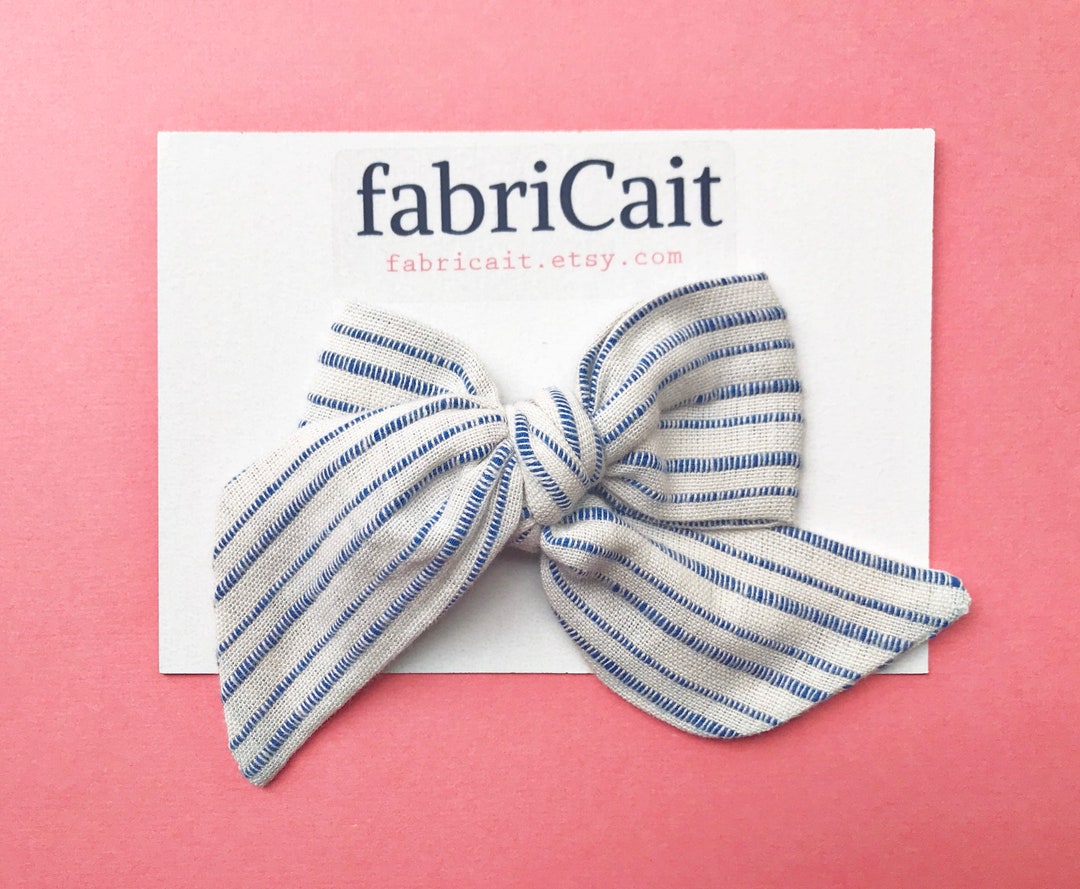 Blue Striped Bows for Girls, Blue Striped Bow Clip, Stripe Bow, Linen ...