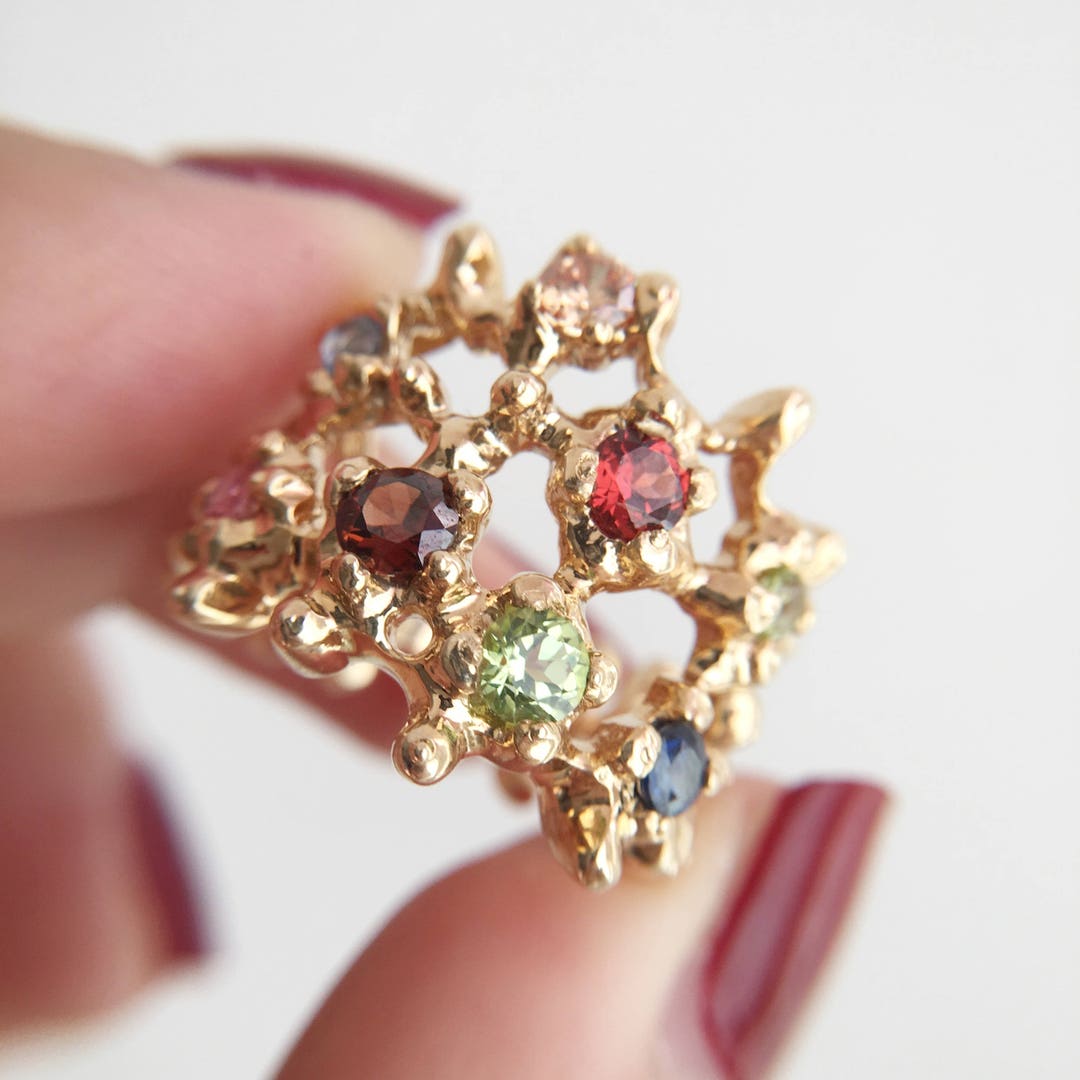 Volcano Ring With Multicolor-gemstones Yellow Gold Ring Color - Etsy