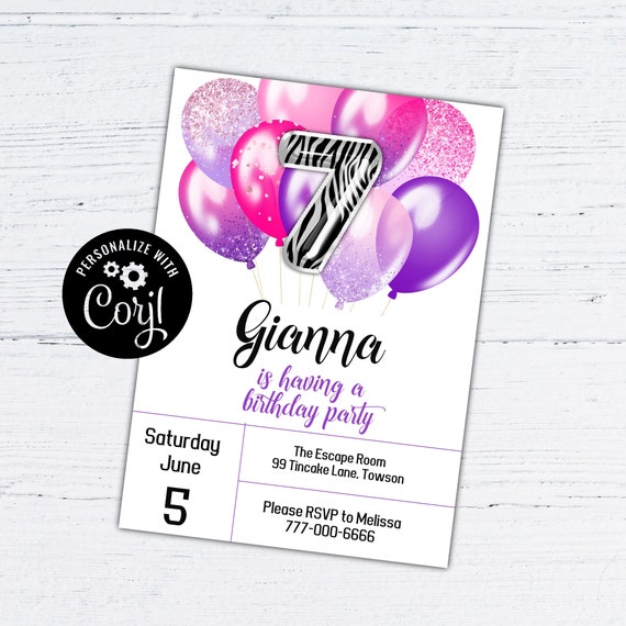 7th birthday invitation girl, 7th birthday invite for girl, zebra print ...