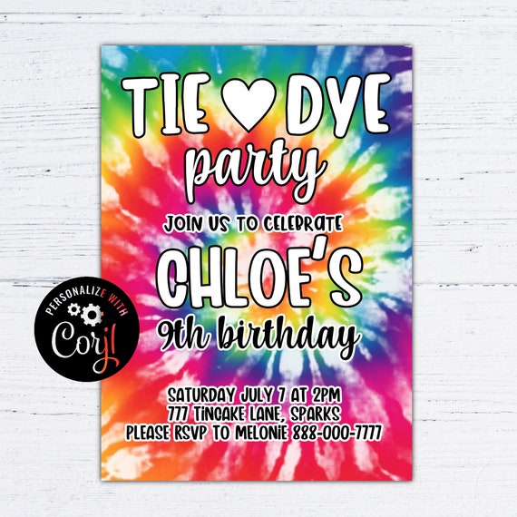 tie dye party birthday invitation, editable tie dye invite, peace love ...
